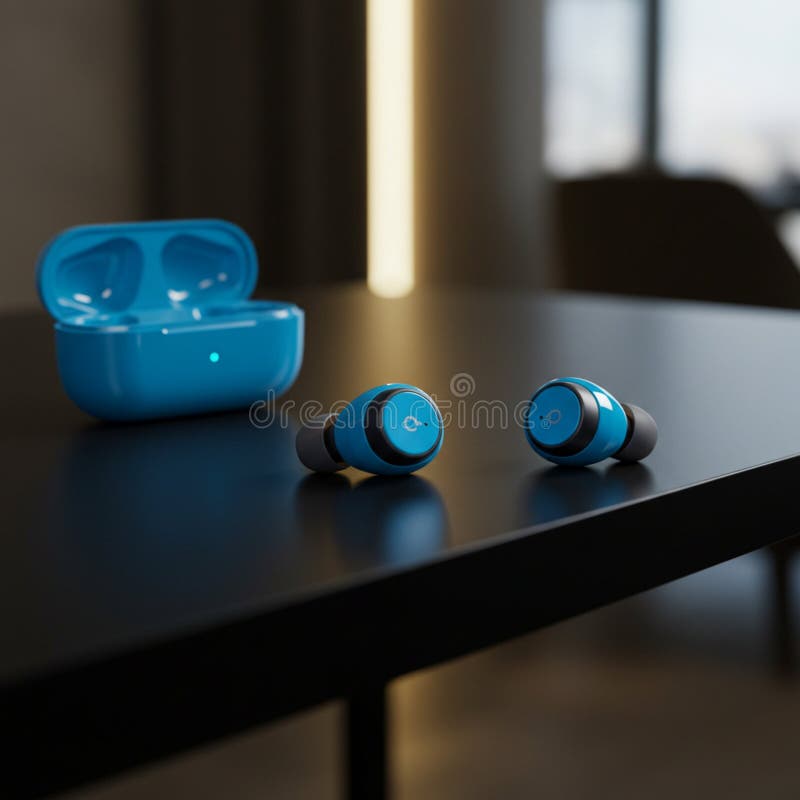 Wireless Earbuds in Bright Blue with Black Details are Placed on a Dark ...