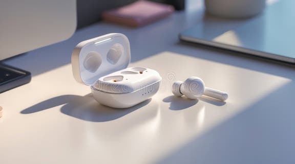 Wireless Earbuds and Charging Case on Modern Desk Setup Stock Photo ...