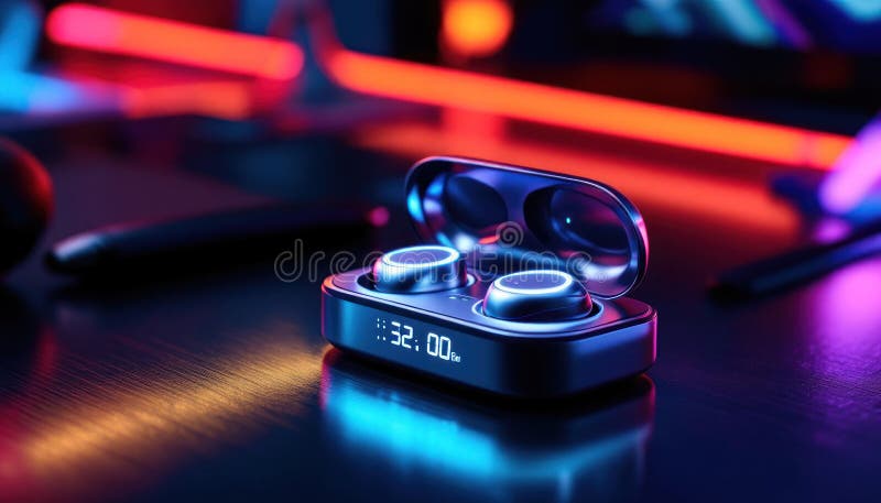 Wireless Earbuds Charging Case Neon Lights Background Stock Photos ...
