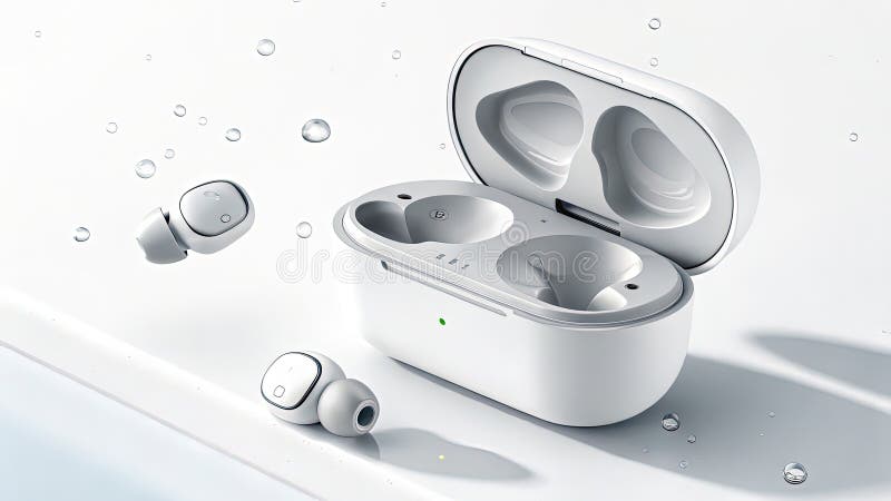 Wireless Earbuds and Charging Case with Water Drops Stock Illustration ...