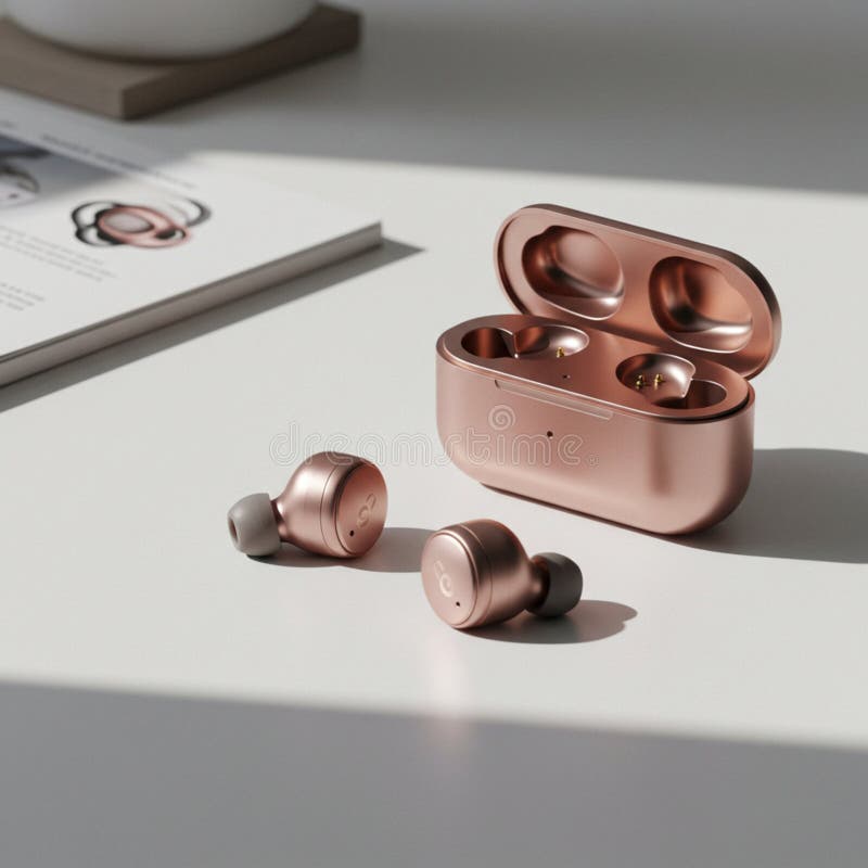 Wireless Earbuds Displayed on a White Surface with a Rose Gold Finish ...
