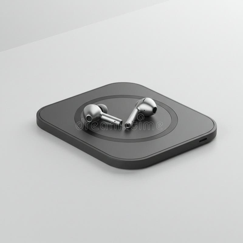 Wireless Earbuds in Metallic Silver Rest on a Sleek, Flat, Rectangular ...