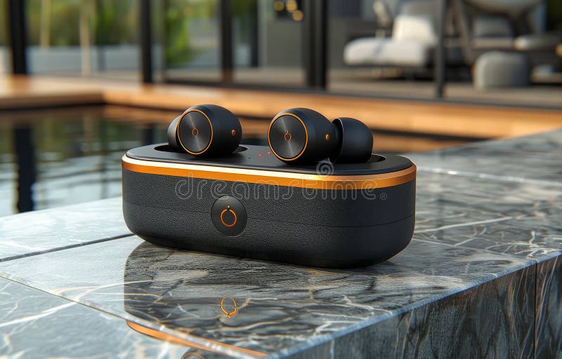 The Wireless Earbuds are Placed on Marble Table Near the Pool. Stock ...