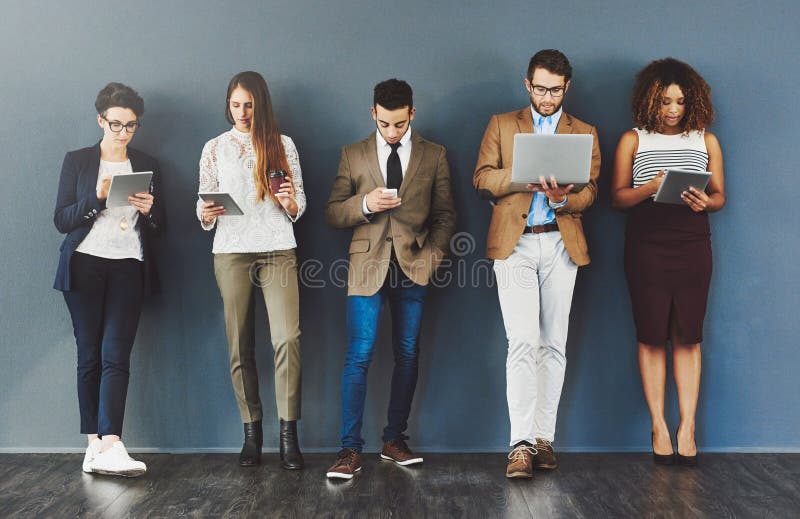 Wireless Entertainment for the Wait. Studio Shot of a Group of ...