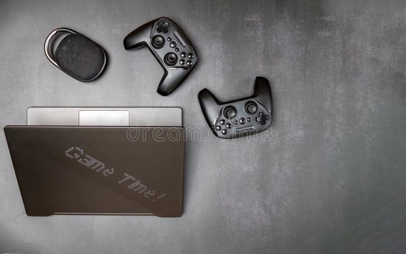 Wireless Pc Gaming Concept. Dark Background with Laptop, Two Joysticks ...