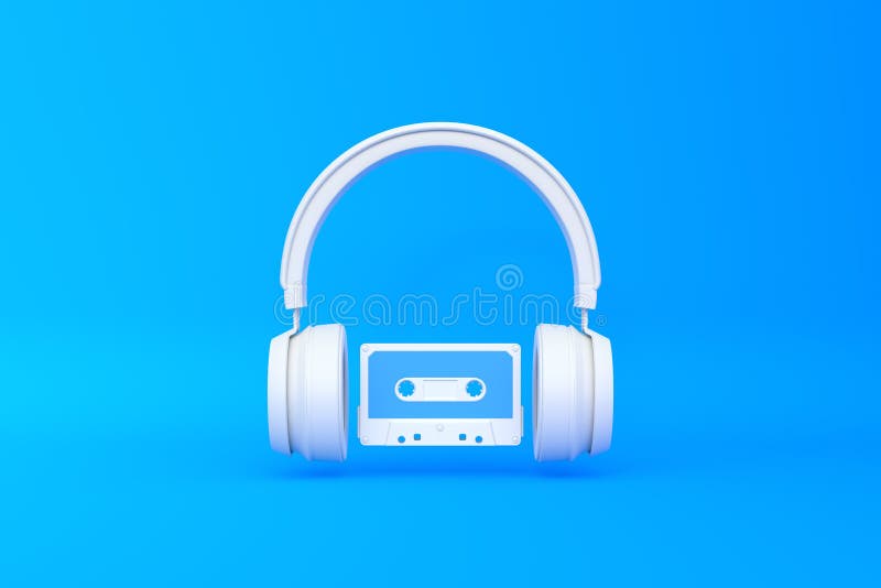 Wireless Headphones with Audio Cassette on a Blue Background Stock ...