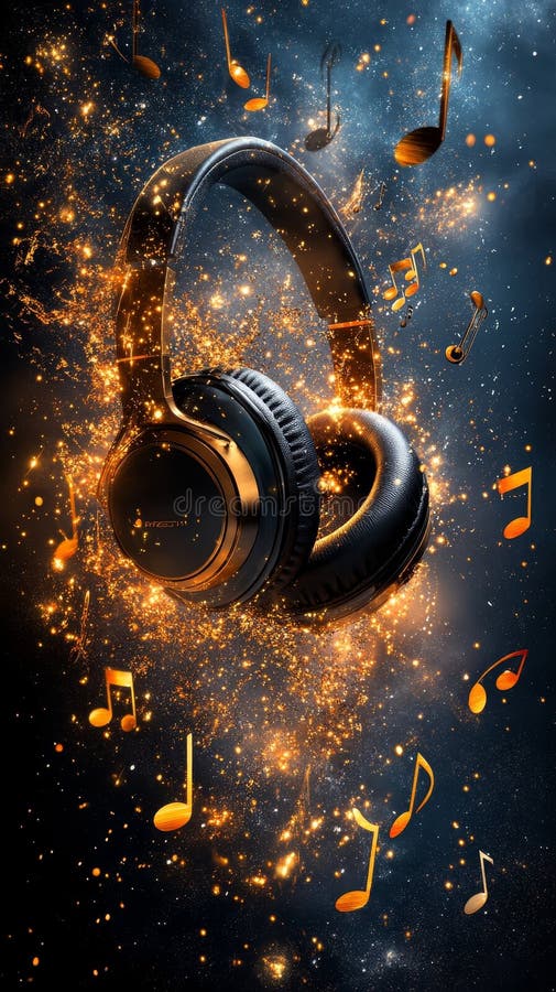 Wireless Headphones Exploding with Golden Musical Notes and Sparkling ...