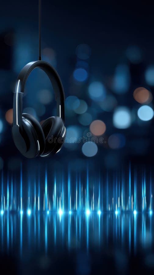 Wireless Headphones Suspended Above Vibrant Blue Audio Waveform in Dark ...
