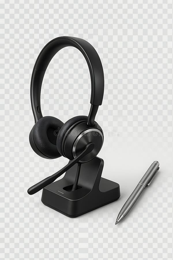 Wireless Headset with Microphone on Charging Stand and Silver Pen ...