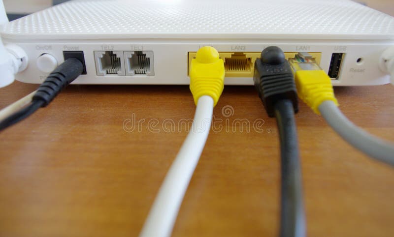 Fiber Optic Internet. Network Cables Connected To a Router. Wireless ...