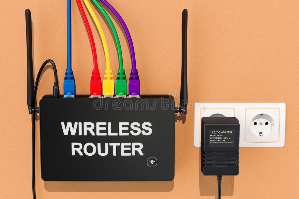 Wireless Internet Router on the Wall with Plug in the Socket, 3D ...