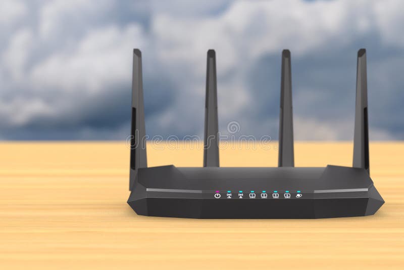 Wireless Internet Router on Wooden Table. 3D Illustration Stock ...