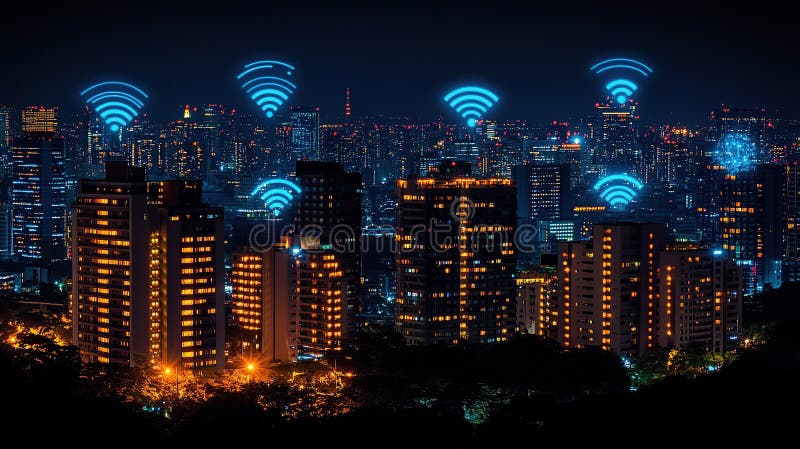 Wireless Network City at Night Stock Illustration - Illustration of ...