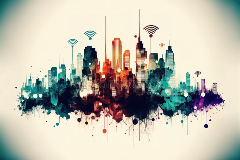 Wireless Network Communication Icons with Cityscape Combination, AI ... Wireless Network Communication Icons with Cityscape Combination, AI ...