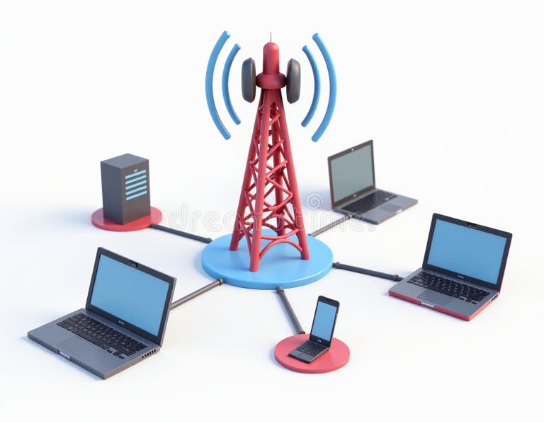 Wireless Network Connection Laptop, Cell Phone, Server, and Cell Tower ...