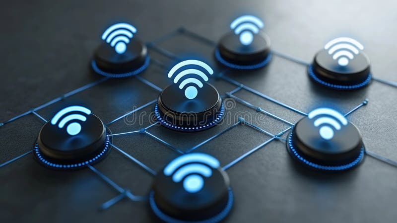 Wireless Network Connection. Multiple Wi-Fi Symbols on Dark Background ...