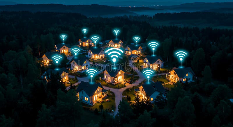 Wireless Network Covers a Residential Neighborhood at Night Stock ...