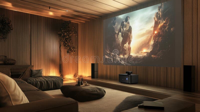 Wireless Projector Displaying a Movie on a Wall in a Modern Home Stock ...