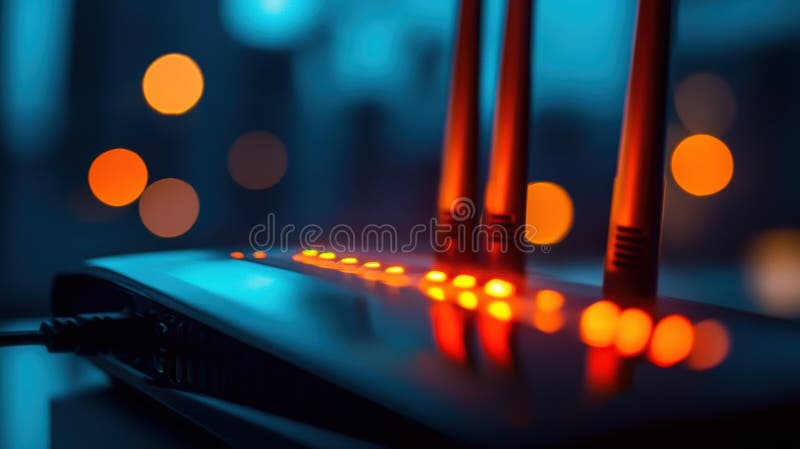 Wireless Router Blinking in the Dark with City Lights in Background ...