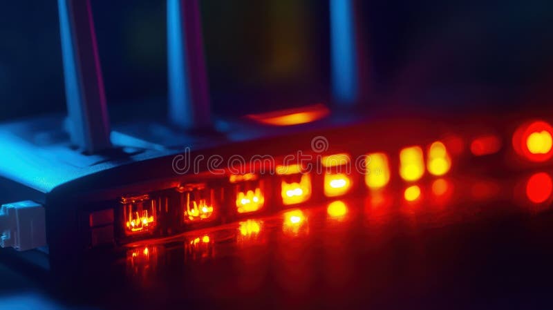 Wireless Router Blinking in the Dark with Fiber Optic Cable Connected ...