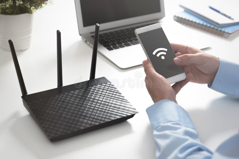 Wireless Router Concept. Man Using Smartphone Stock Photo - Image of ...