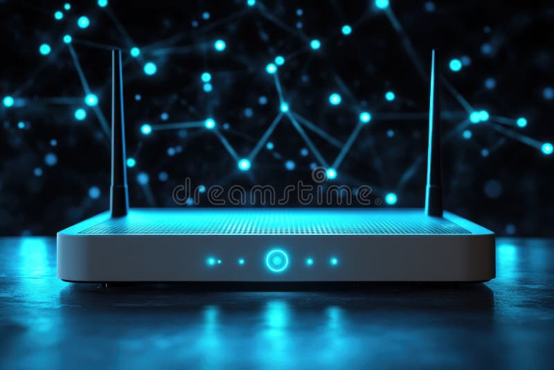Wireless Router with Glowing Lights and Network Connections Displayed ...