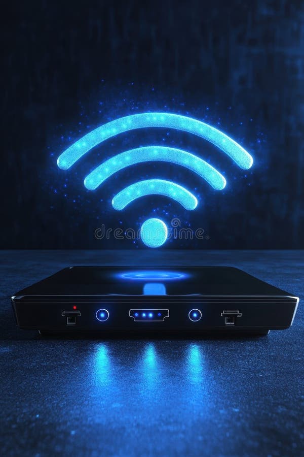 Wireless Router with Glowing Signal Indicator Placed on a Dark Textured ...