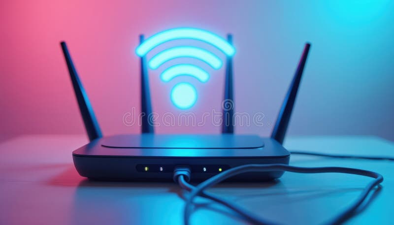 Wireless Router with Glowing Wi-Fi Icon, Connected To Internet with ...