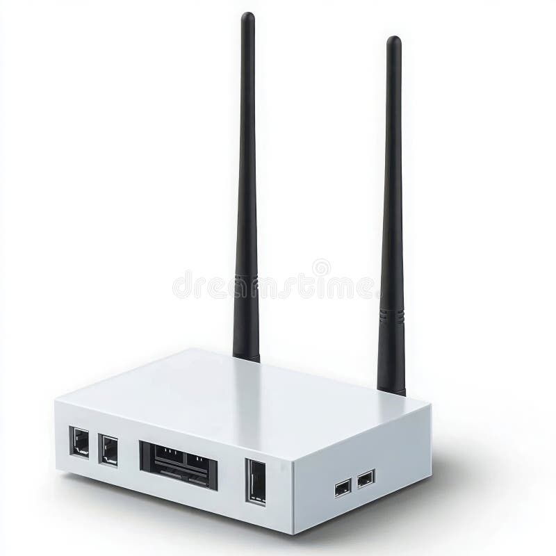 Wireless Router Transmitting Data with Two Antennas on White Background ...
