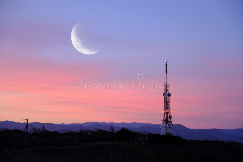 Wireless Technology. Communication Tower with the Moon at Dawn Stock ...