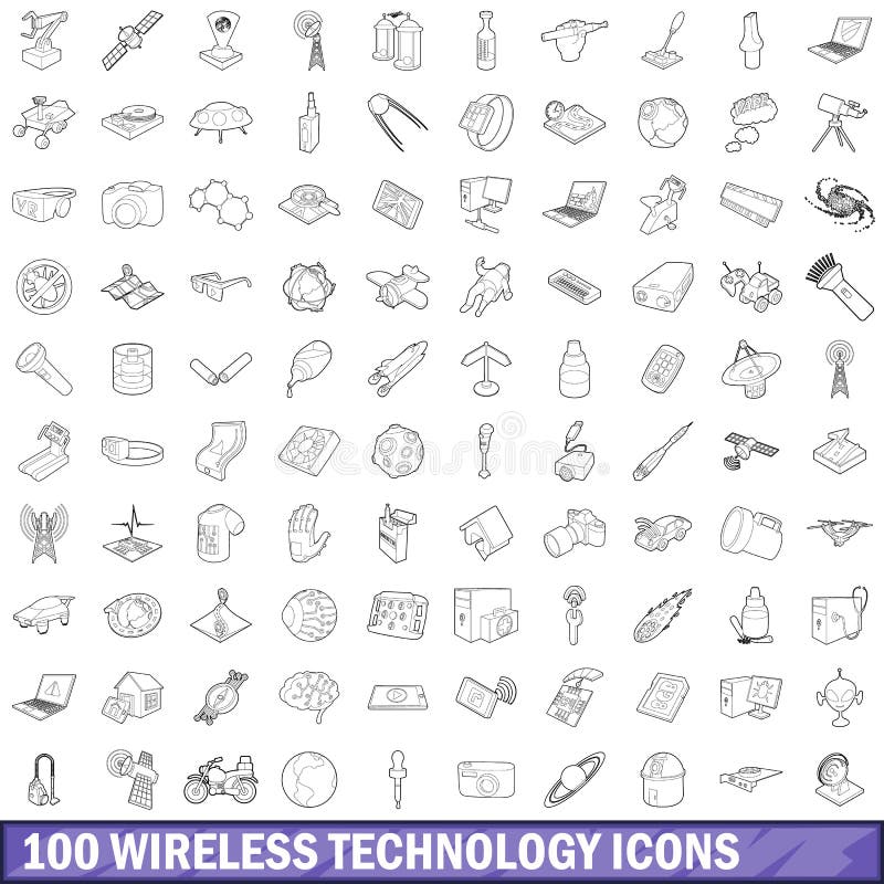 100 Wireless Technology Icons Set, Outline Style Stock Vector ...