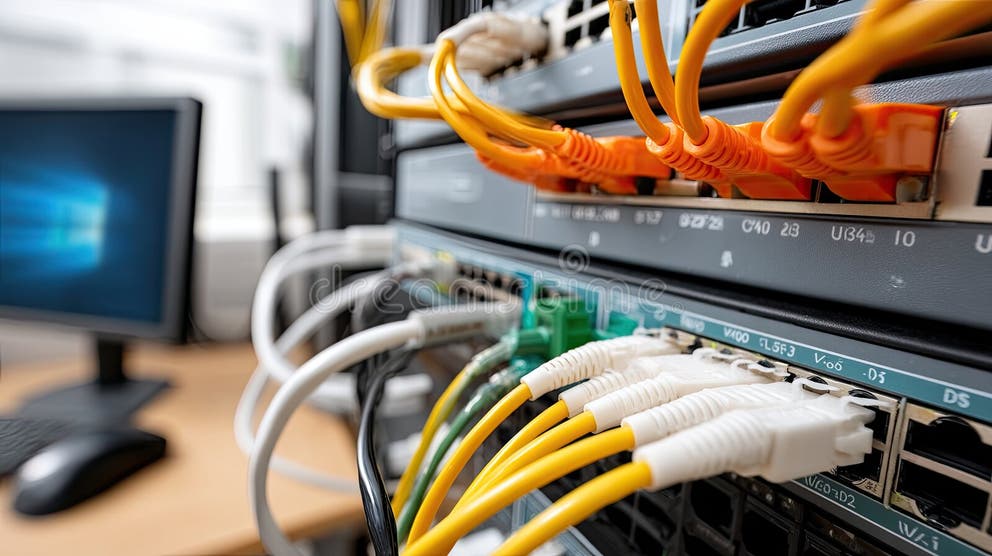 Wires and Connectors Fill a Server Mainframe, Illuminated by a Single ...