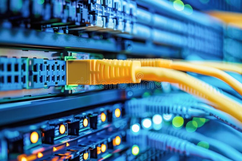 Wires in a Server Room Connect To a Server Unit with Electrical and ...