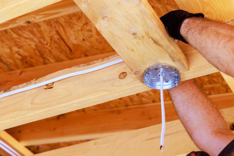 Wiring for a Ceiling Light Lamp is Mounted by an Electrician Inside an ...