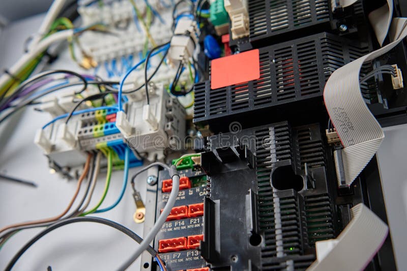 Wiring and Circuit Board Inside Electrical Control Panel Stock Photo ...