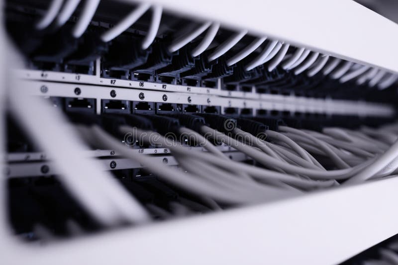Detailed View of Patch Panel Wiring with Hidden Cables in a Network ...