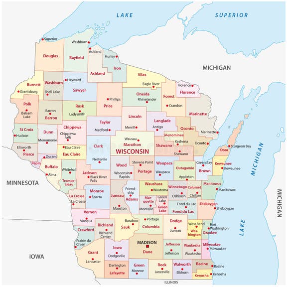Colorful Wisconsin Administrative Map Stock Illustrations – 23 Colorful ...