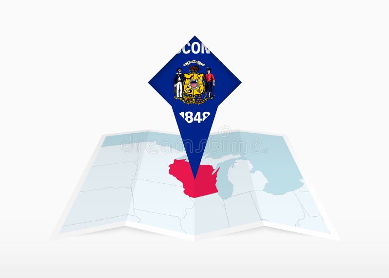 Wisconsin is Depicted on a Folded Paper Map and Pinned Location Marker ...