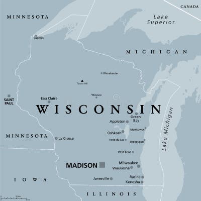 Wisconsin, WI, Gray Political Map, US State, Badger State Stock Vector ...