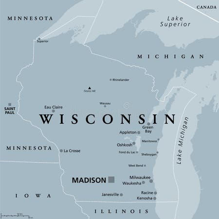 Wisconsin, WI, Gray Political Map, US State, Badger State Stock Vector ...
