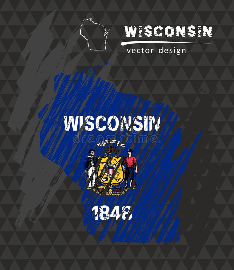 Wisconsin Map with Flag Inside on the Blackboard. Chalk Sketch Vector ...