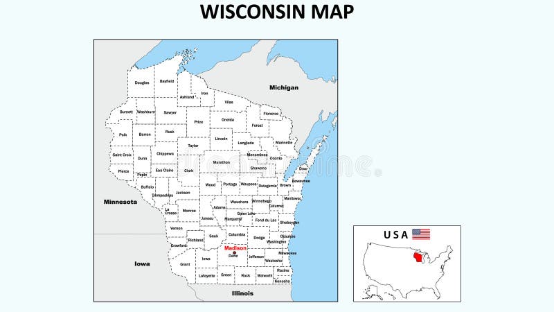 Wisconsin Map. Political Map of Wisconsin with Boundaries in White ...