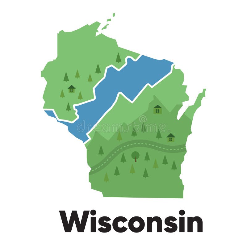 Wisconsin Map Shape of States Cartoon Style with Forest Tree and River ...