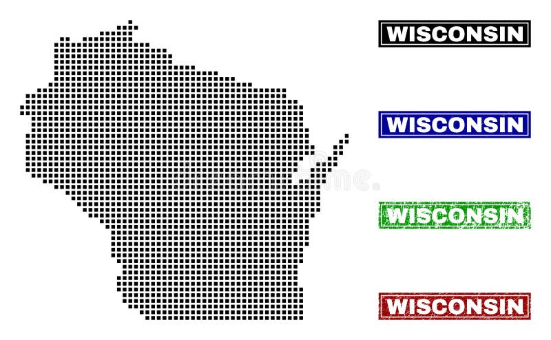 Wisconsin State Map in Dot Style with Grunge Title Stamps Stock Vector ...