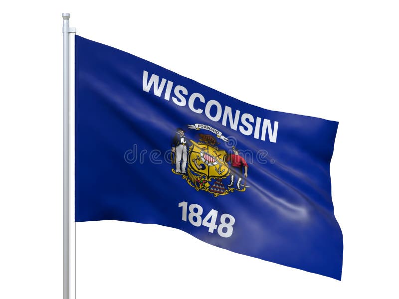Wisconsin U.S. State Flag Waving on White Background, Close Up ...