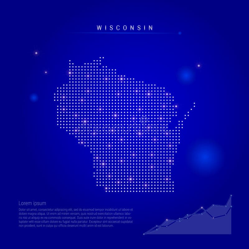 Wisconsin US State Illuminated Map with Glowing Dots. Dark Blue Space ...