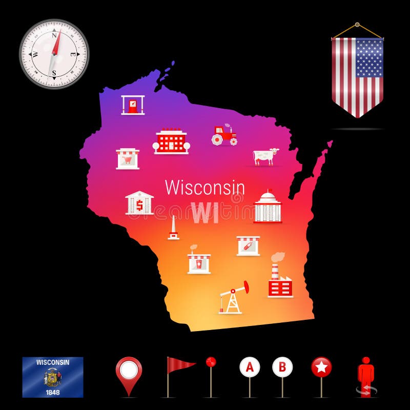 Wisconsin Vector Map, Night View. Compass Icon, Map Navigation Elements ...