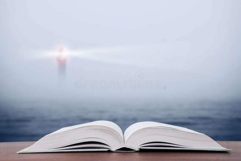 Wisdom Concept - Open Book Over Sea and Lighthouse Background Stock ...