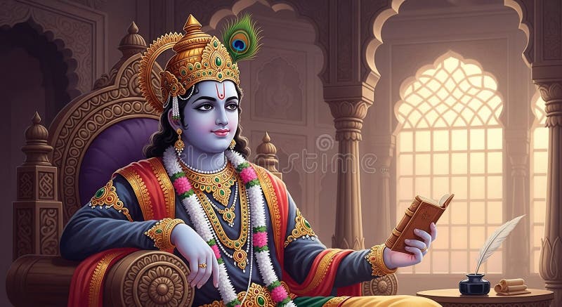 The Wisdom of Lord Krishna Reading a Sacred Scripture Stock ...