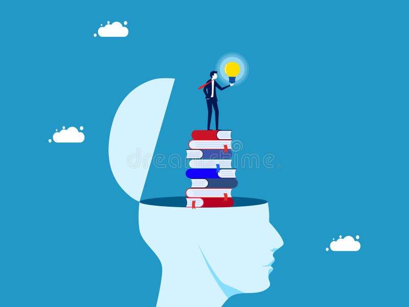 Wisdom and Success in Learning. Businessman Holding Light Bulb on Stack ...